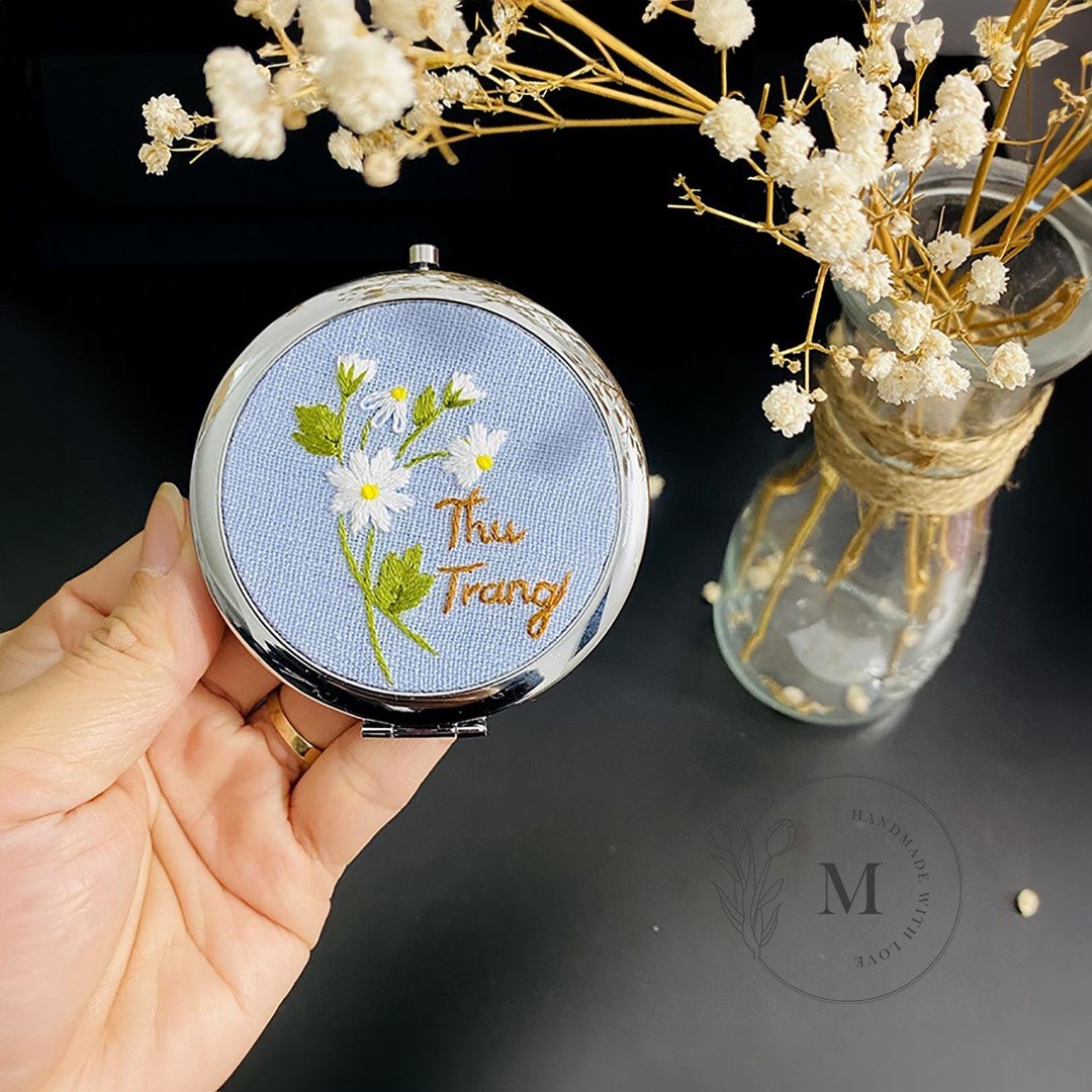 Personalized Compact Mirror Daisy Flower Hand Embroidered, Custom Name ...