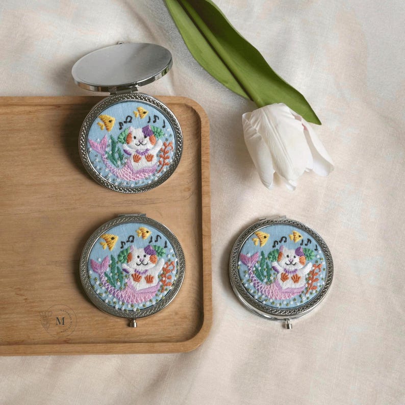 Customized Compact Mirror Cute Cat Hand Embroidered for Mom, Handmade ...