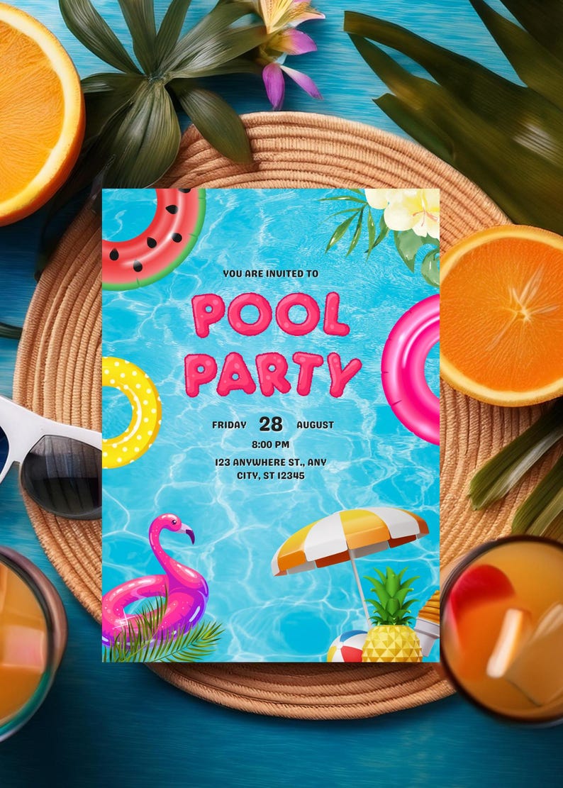 Editable Pool Party Invitation, Blue, Summer Birthday Party, Swimming ...