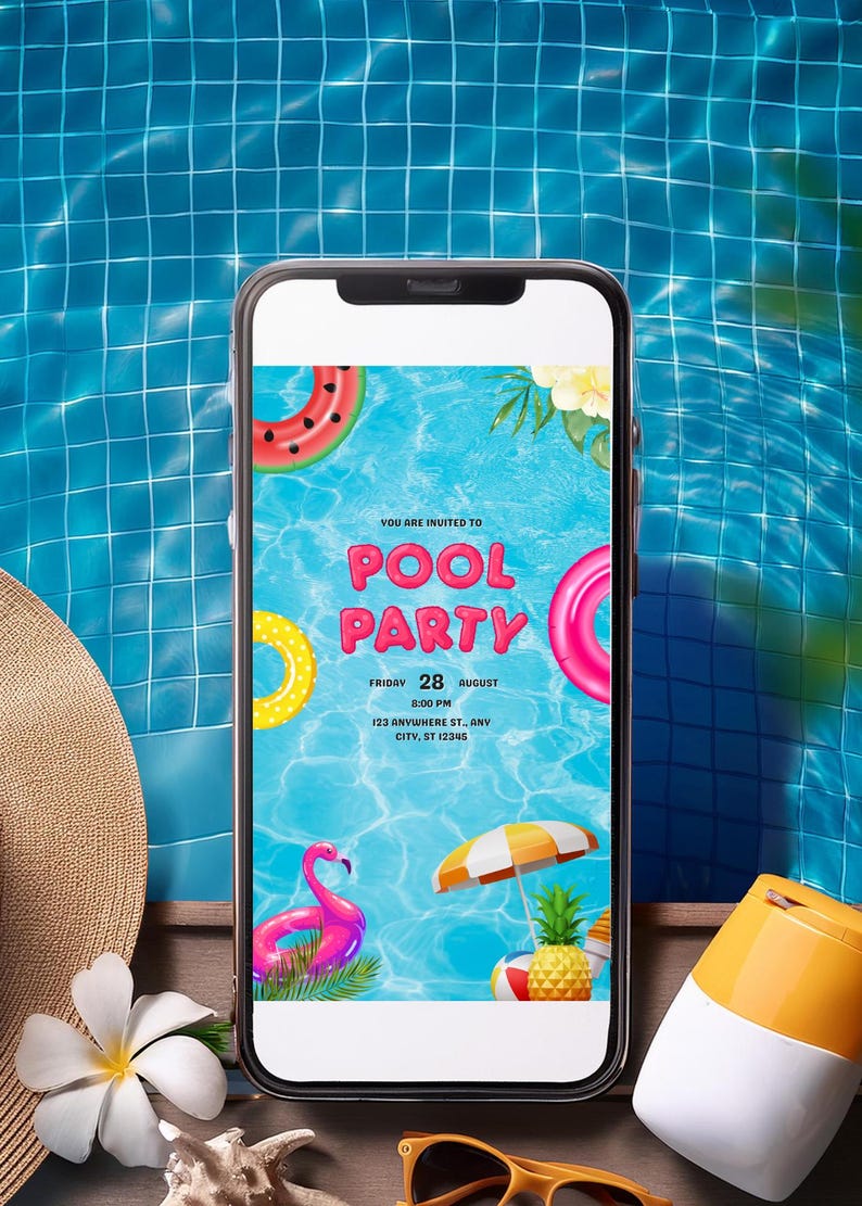 Editable Pool Party Invitation, Blue, Summer Birthday Party, Swimming ...