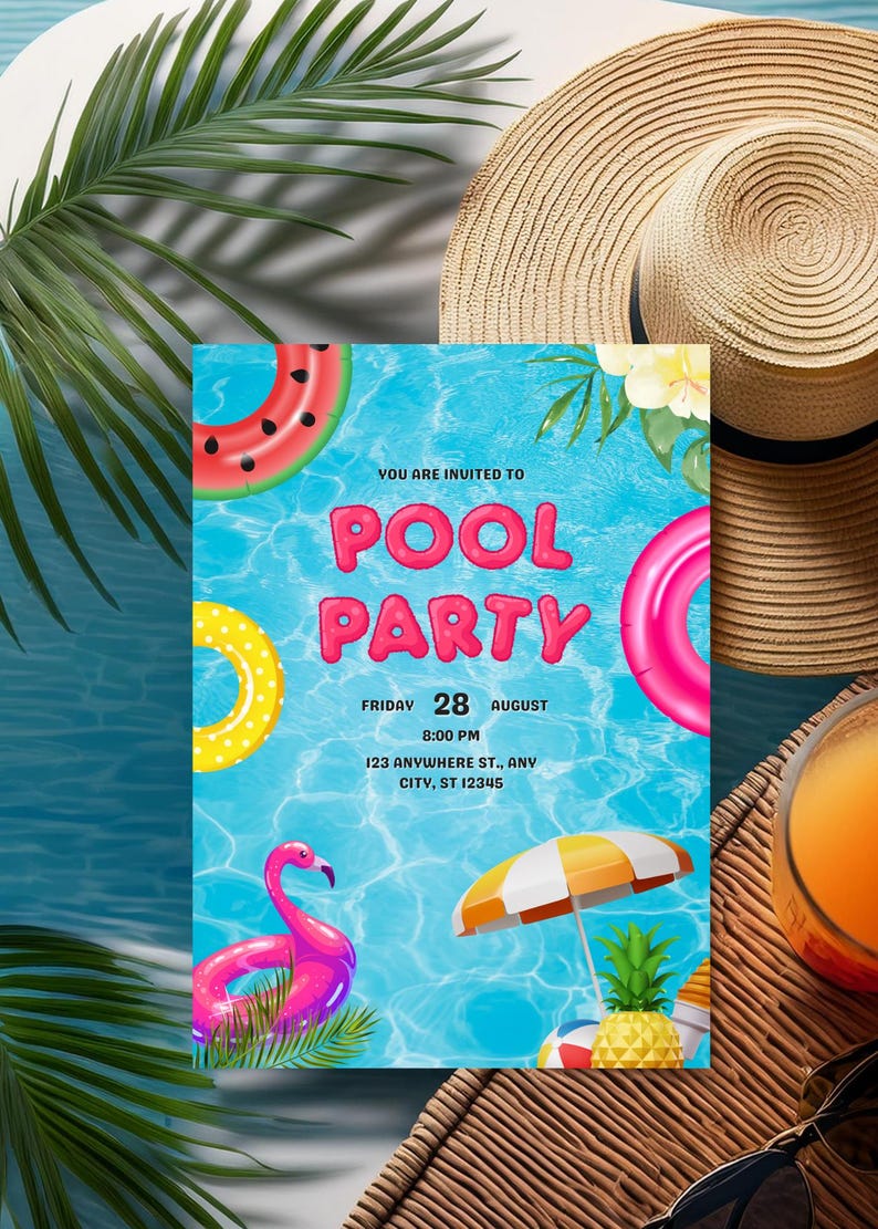 Editable Pool Party Invitation, Blue, Summer Birthday Party, Swimming ...