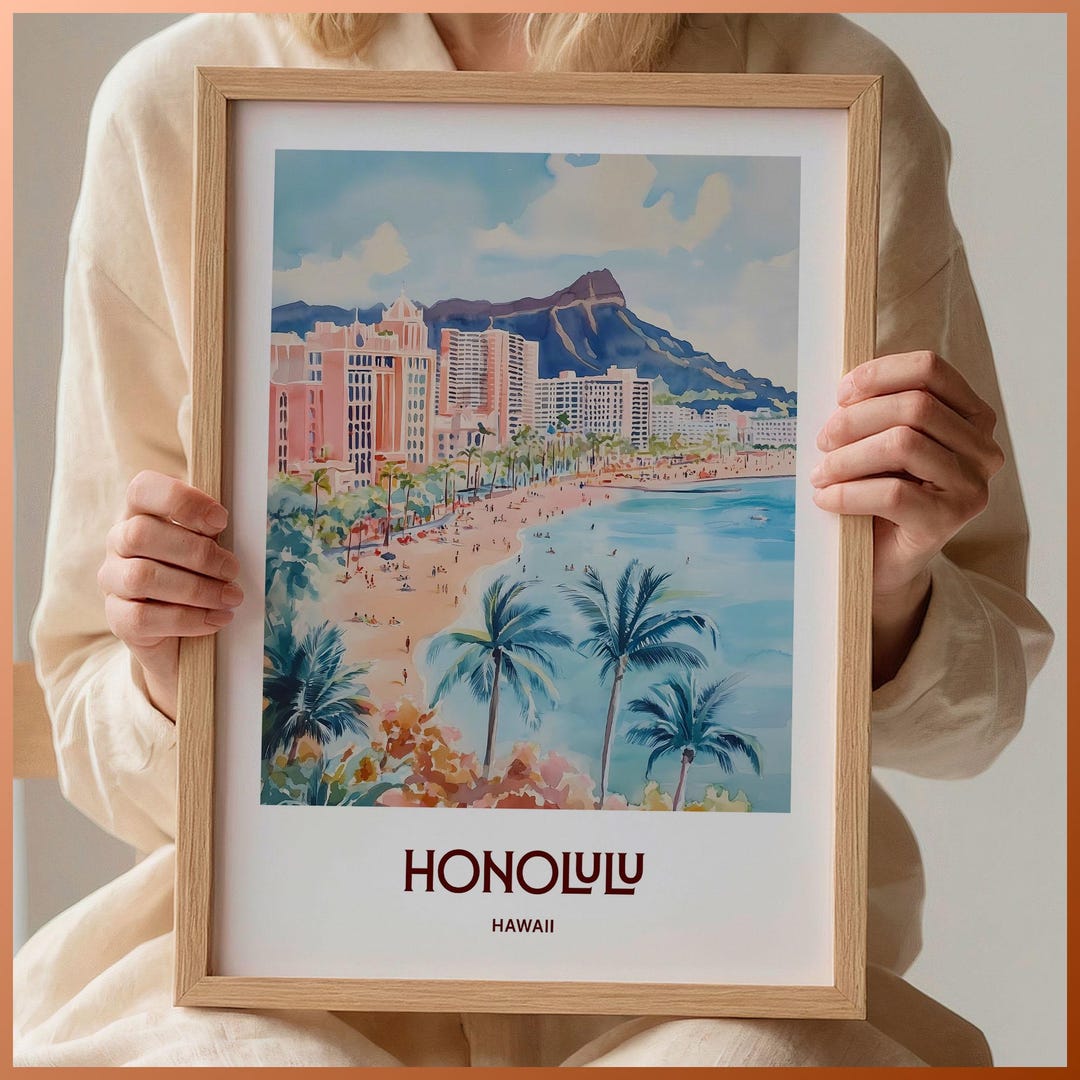 Honolulu Travel Poster Waikiki Wall Art Mid Century Modern Print Oahu ...