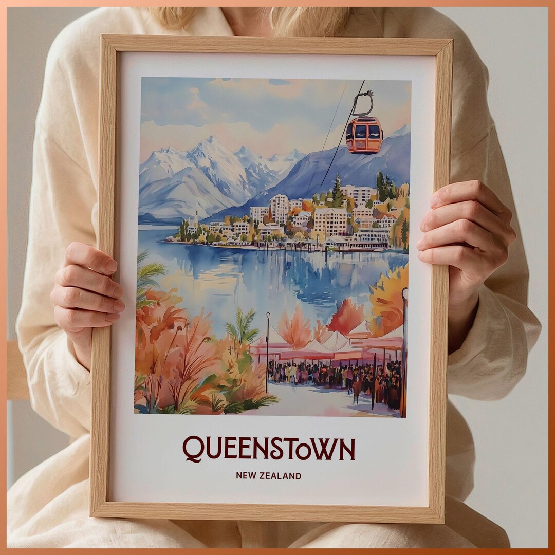 Queenstown Travel Poster, New Zealand Wall Art, Minimalist Coastal Art ...