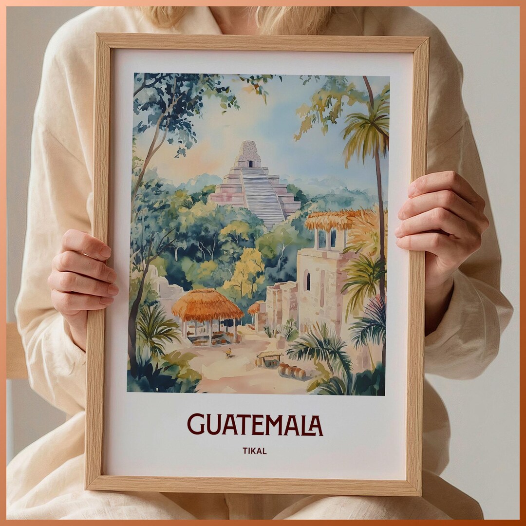 Vintage Guatemala Travel Poster, Tikal Maya Art Print, Minimalist Home ...