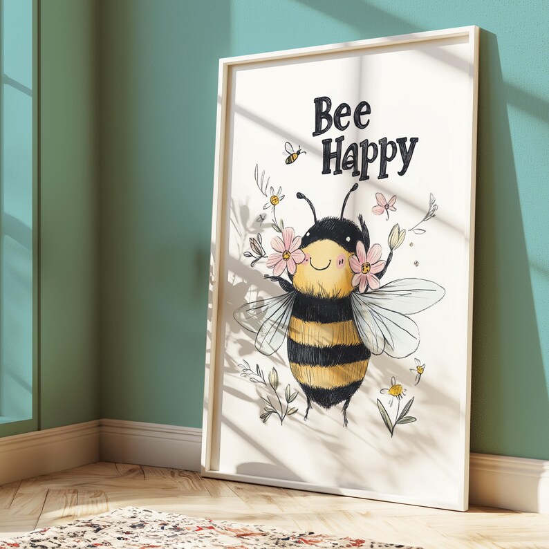 Bee Happy Wall Art | Cute Bumblebee Printable | Nursery Decor for Kids ...
