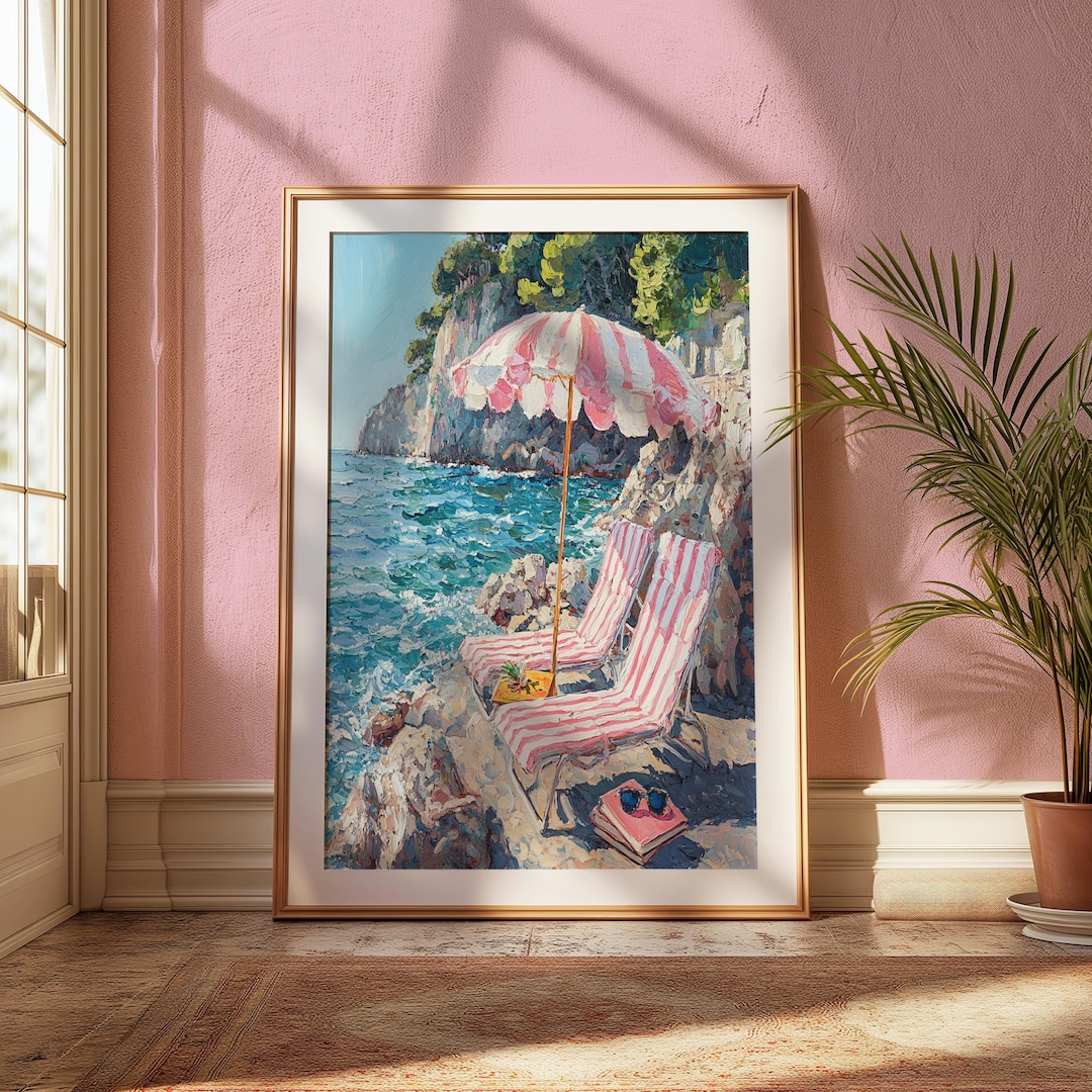 Pink Beach Umbrella Print: Preppy Retro Summer Coastal Decor (digital ...