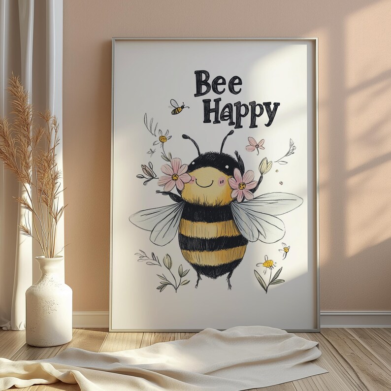 Bee Happy Wall Art | Cute Bumblebee Printable | Nursery Decor for Kids ...