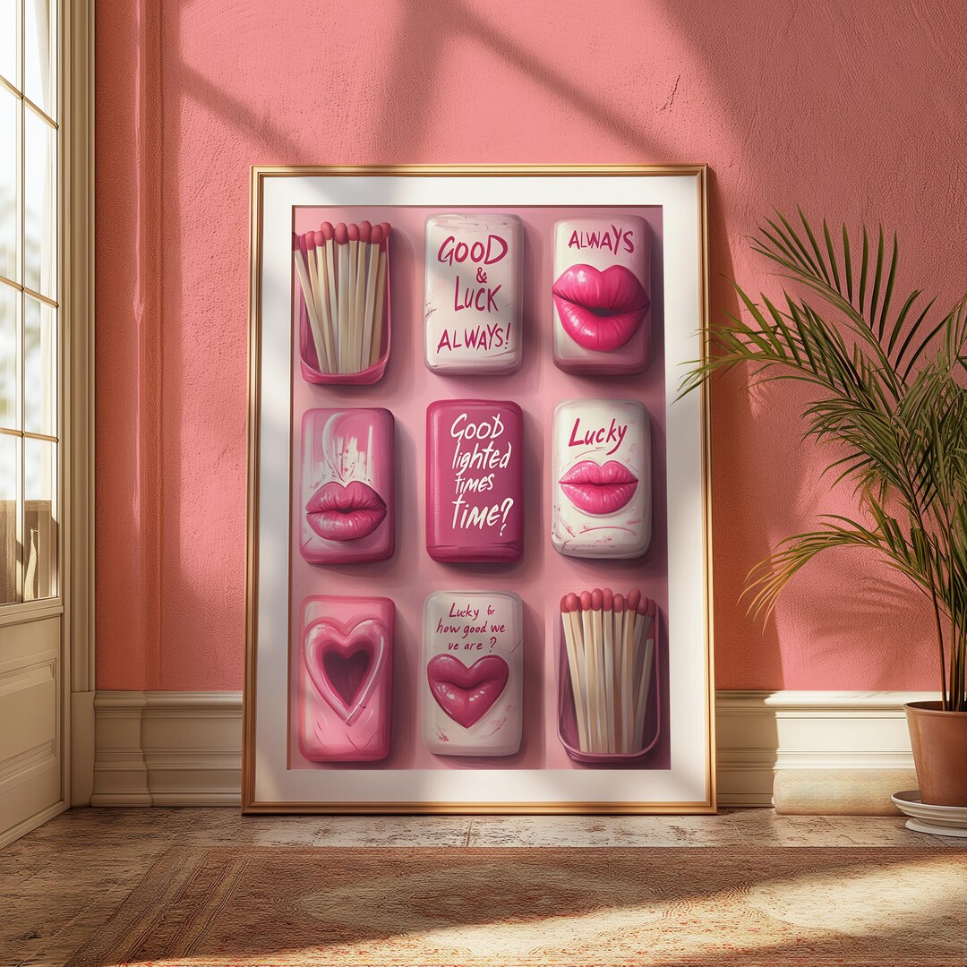 Retro Pink Lips & Hearts Print: Pop Art Matchbox Illustration (digital ...