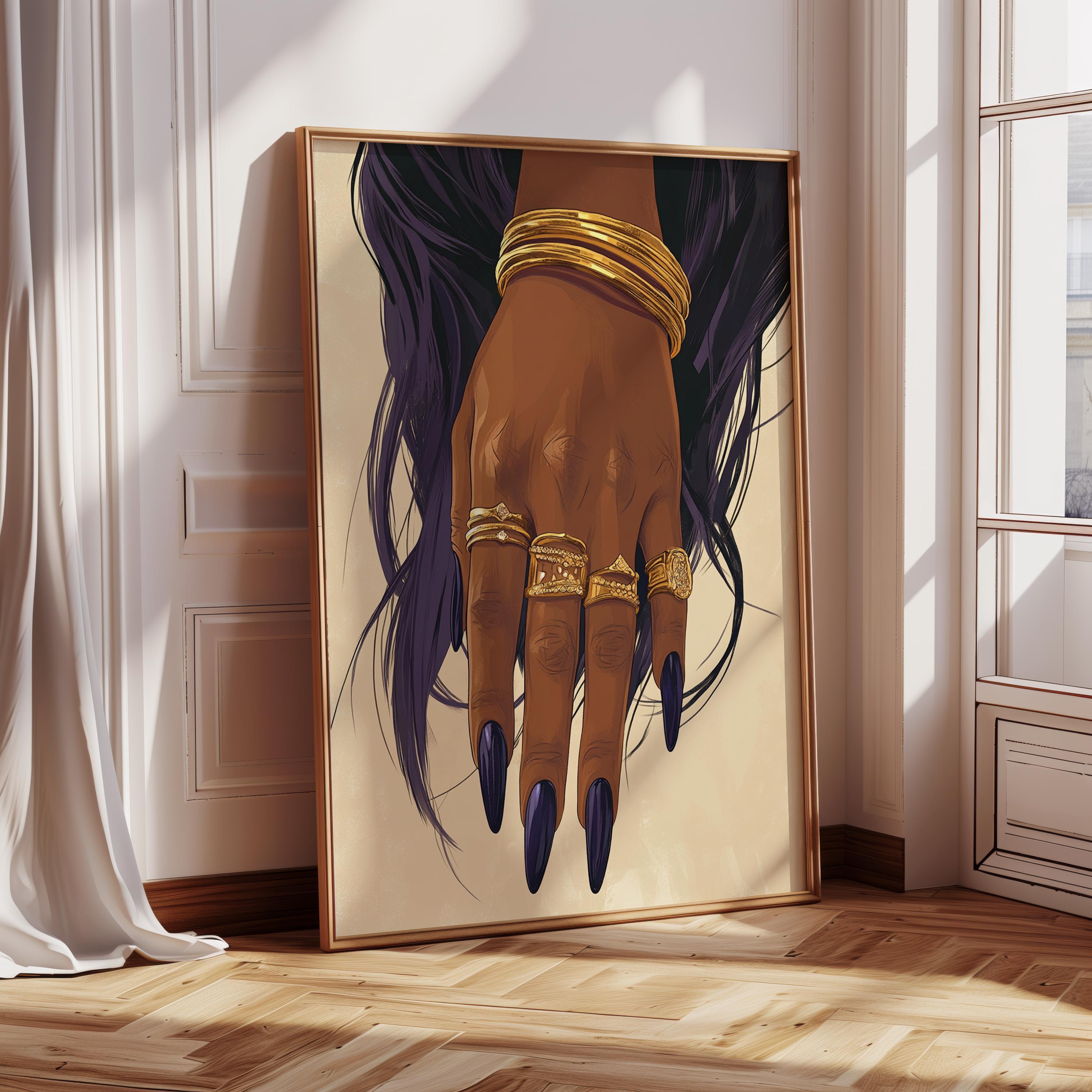 Bold Black Hand Illustration With Gold Jewelry – Afrocentric Wall Art ...