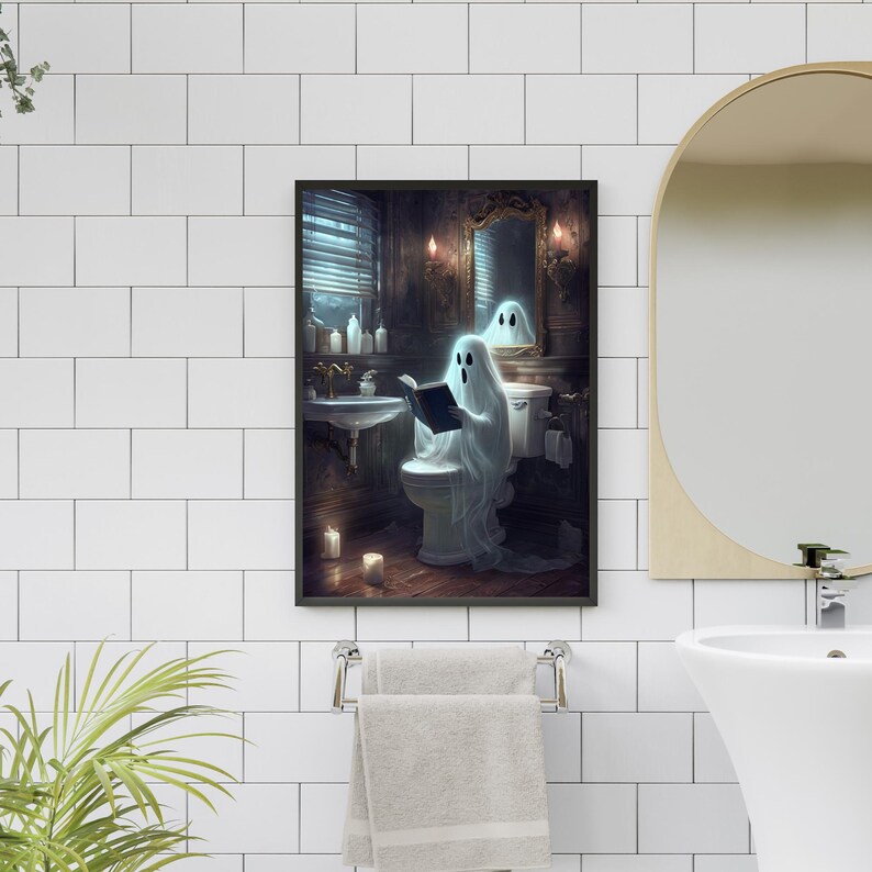 Ghost on Toilet Ghost Bathroom Sign Funny Halloween Wall Art Printable ...