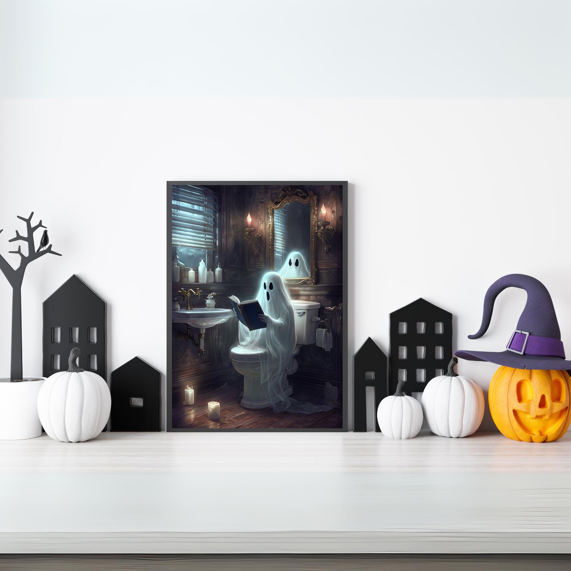Ghost on Toilet Ghost Bathroom Sign Funny Halloween Wall Art Printable ...