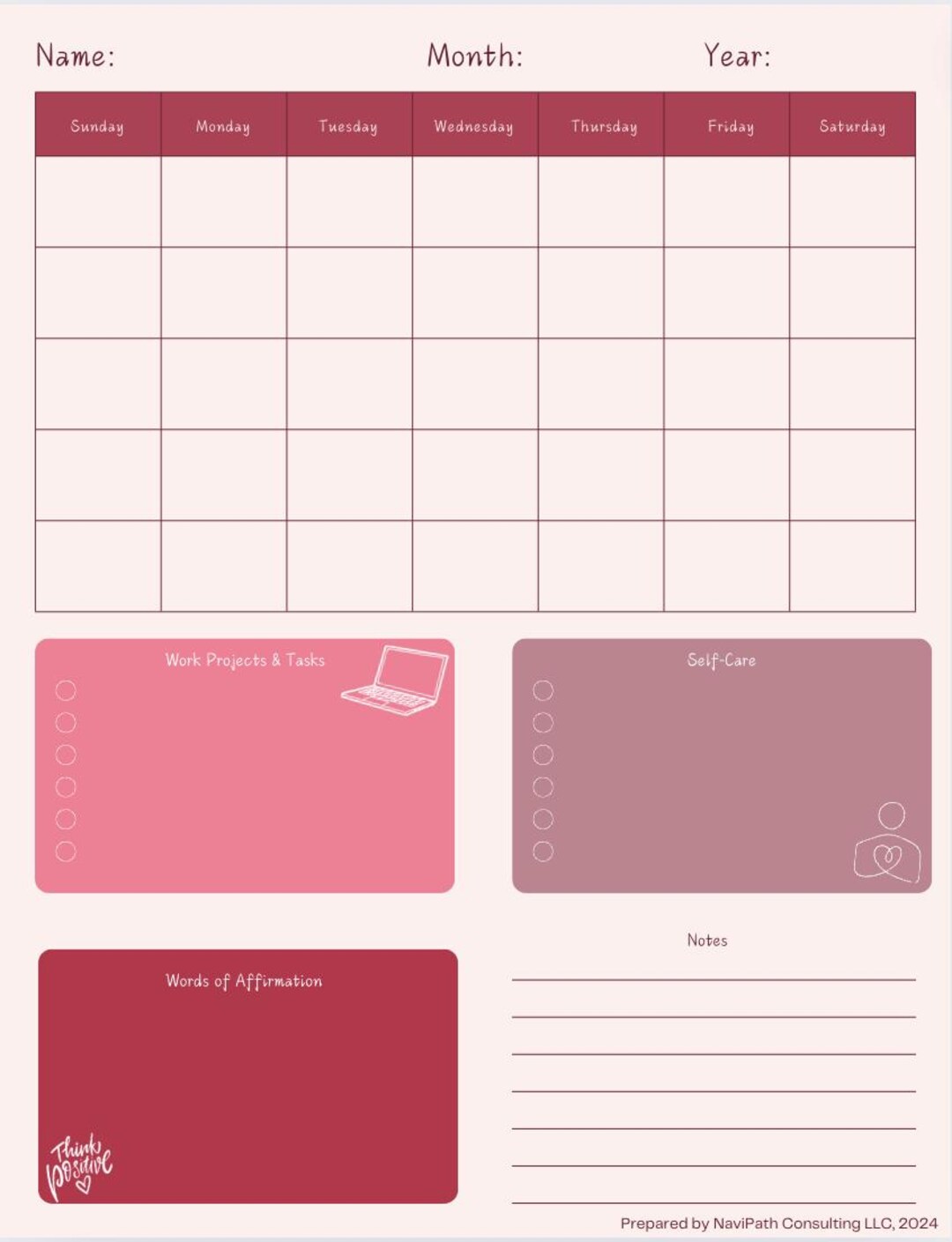 Monthly Planner Worksheet - Pink Design - Etsy