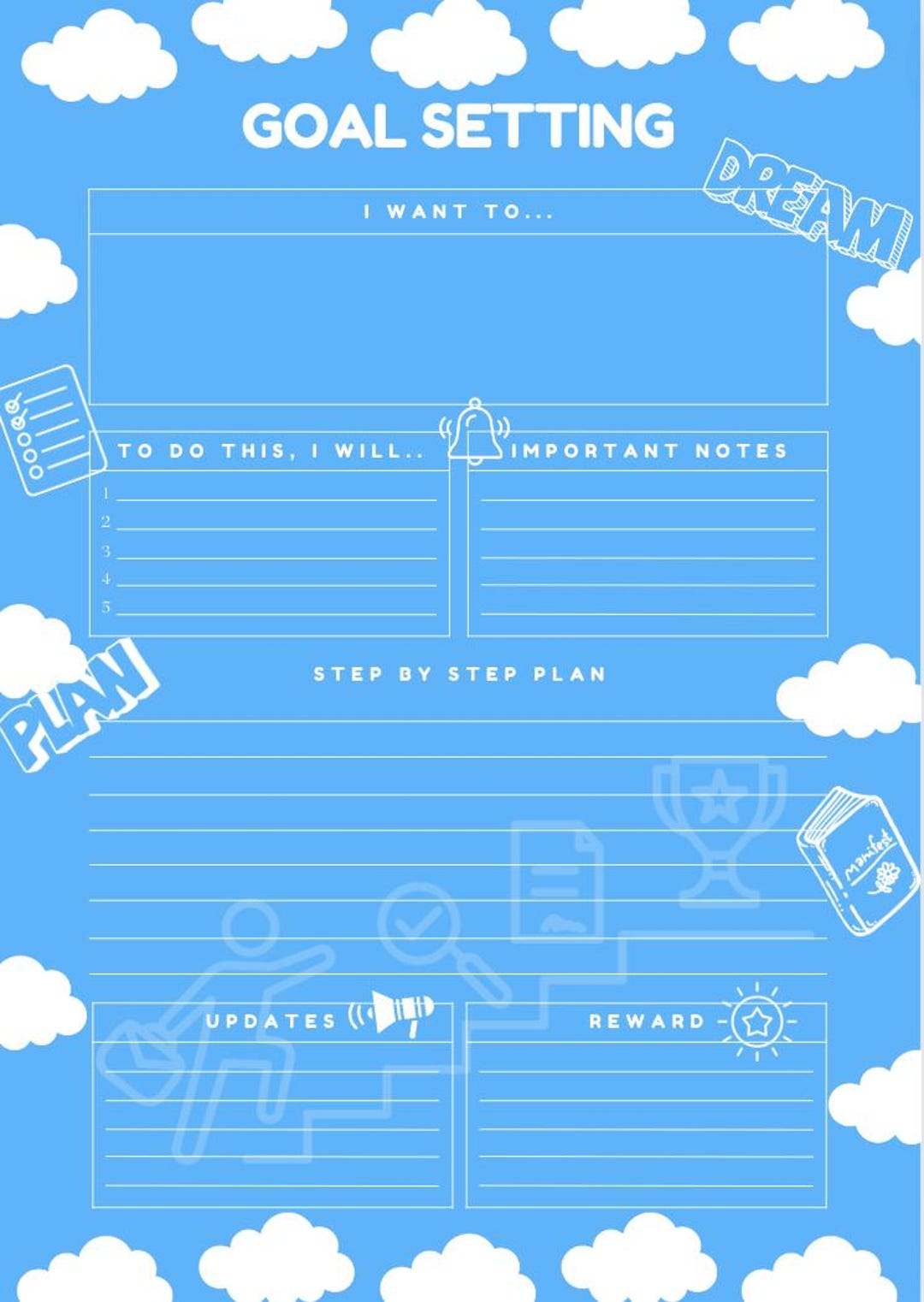 Goal Setting Worksheet - Blue Background - Etsy
