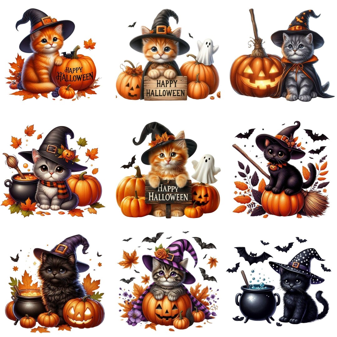 Adorable Halloween Witch Cat Clipart Bundle | Cute Cats With Pumpkins ...