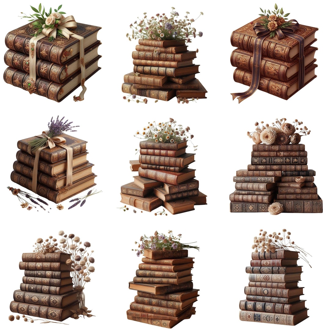 Vintage Book Stack PNG Design | Elegant Floral Bookshelf Decor ...
