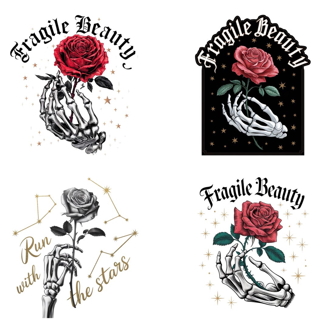 Fragile Beauty Skeleton Hand Rose PNG, Gothic Floral Skull Art, Dark ...