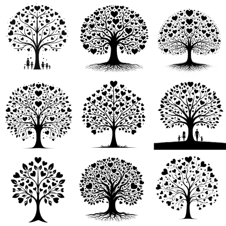Family Tree Silhouette Clipart Bundle | Heart Tree PNG Designs for DIY ...