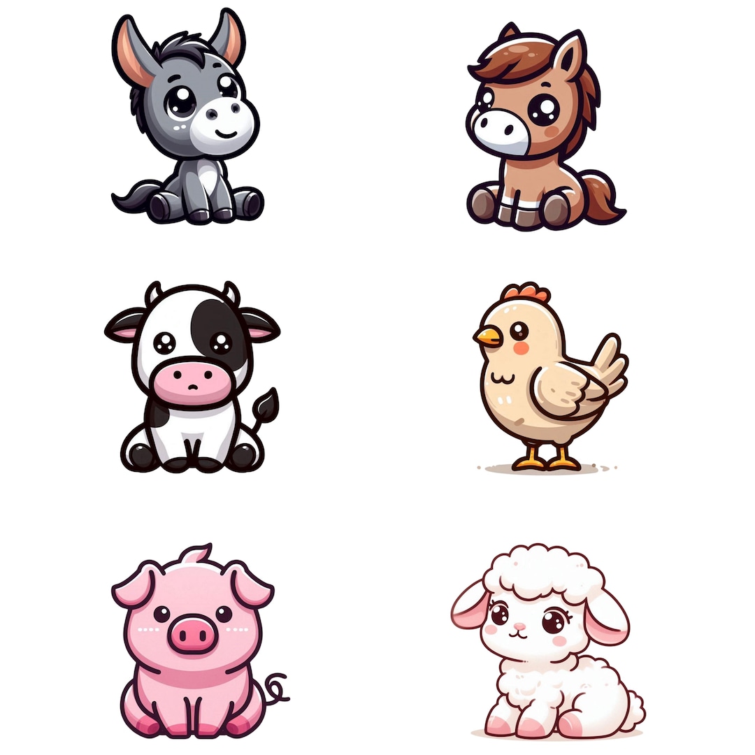 Cute Farm Animals Clipart Bundle | Donkey, Horse, Cow, Chicken, Pig ...