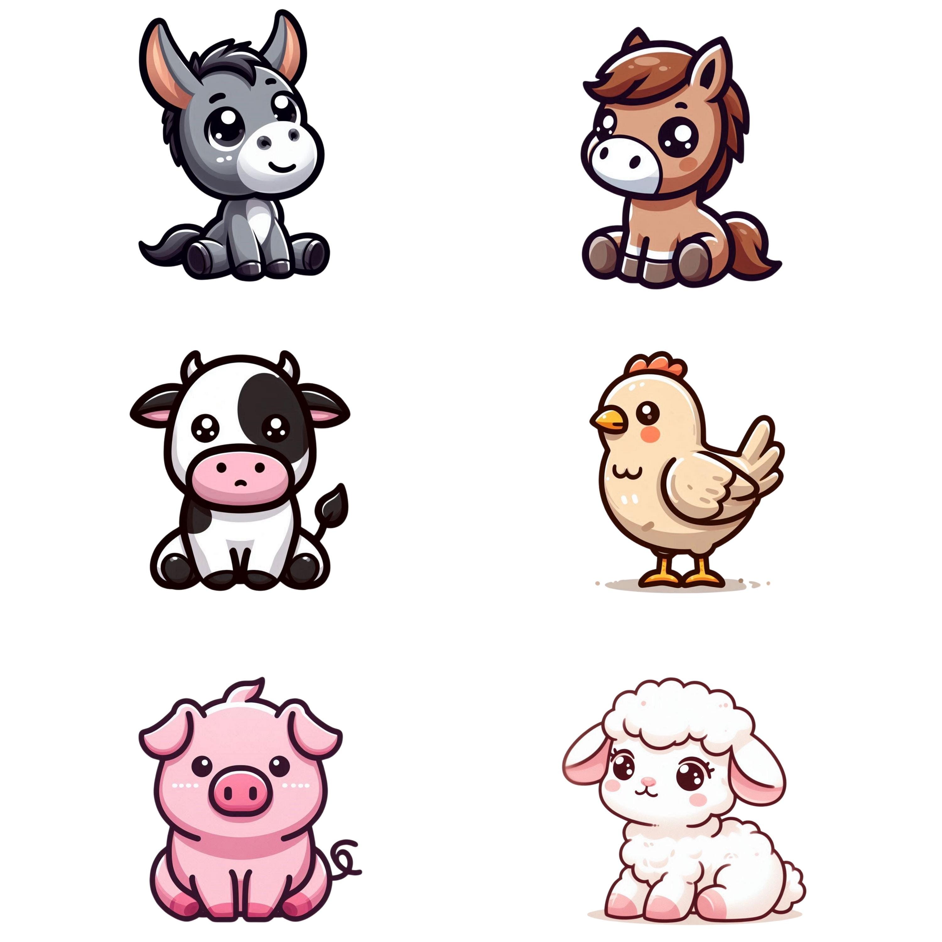 Cute Farm Animals Clipart Bundle | Donkey, Horse, Cow, Chicken, Pig ...