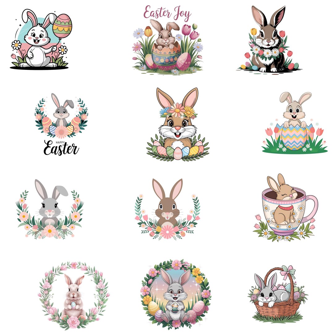 Easter Bunny PNG Bundle, Cute Rabbit Clipart, Floral Spring Bunny ...