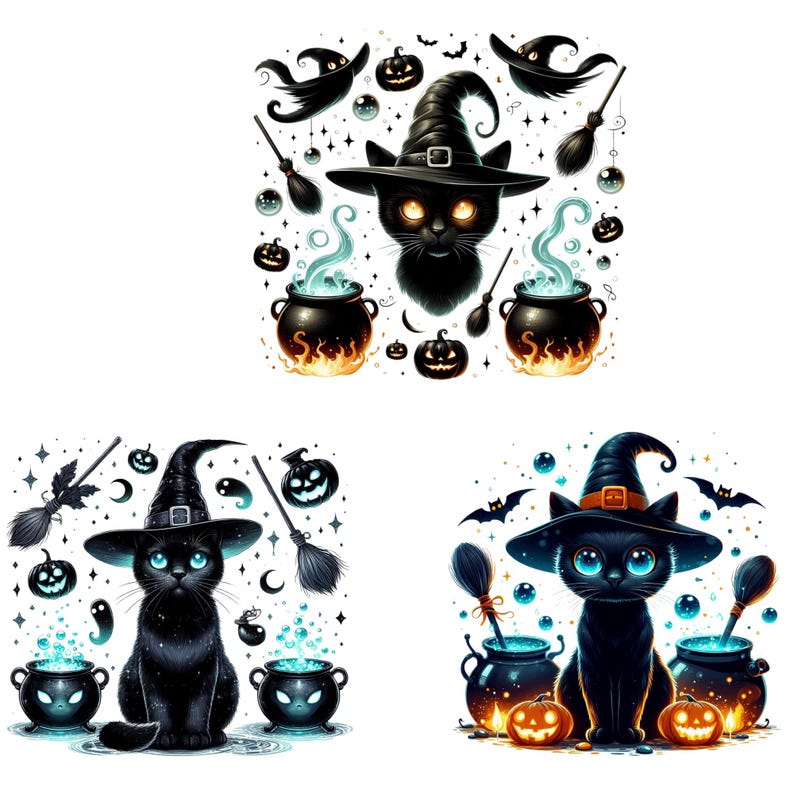 Halloween Black Cat PNG: Enchanted Witch Cats With Cauldrons and ...