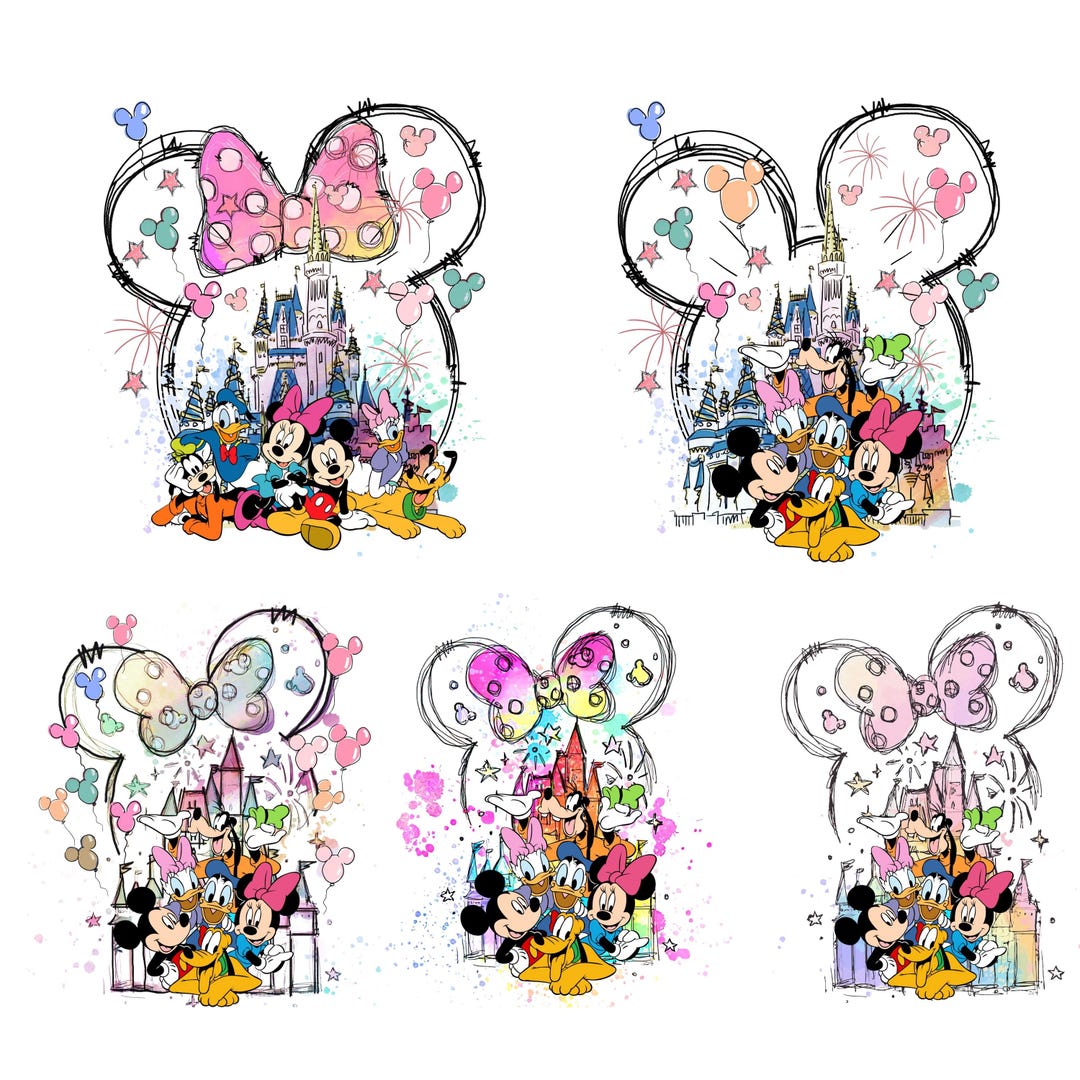 Watercolor Mouse Ear Castle PNG Bundle, Colorful Retro Design, Magic ...