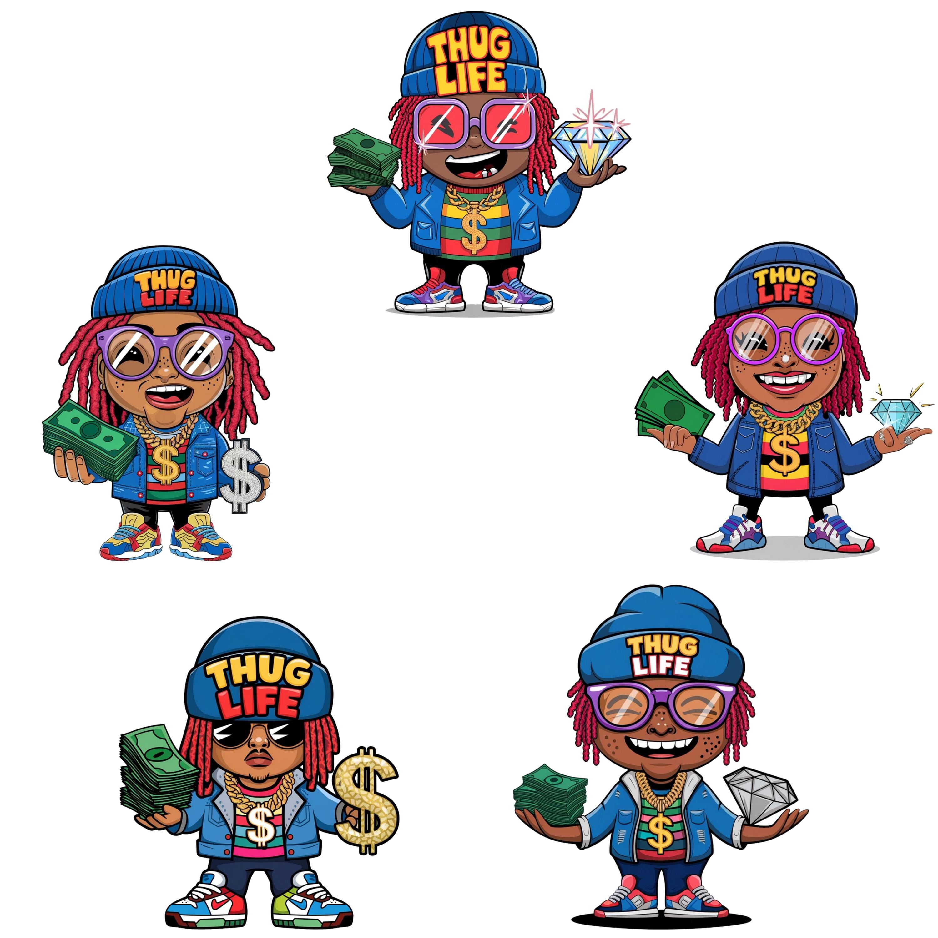 Thug Life PNG Bundle, Hip-hop Cartoon Clipart, Money Rapper Sublimation ...