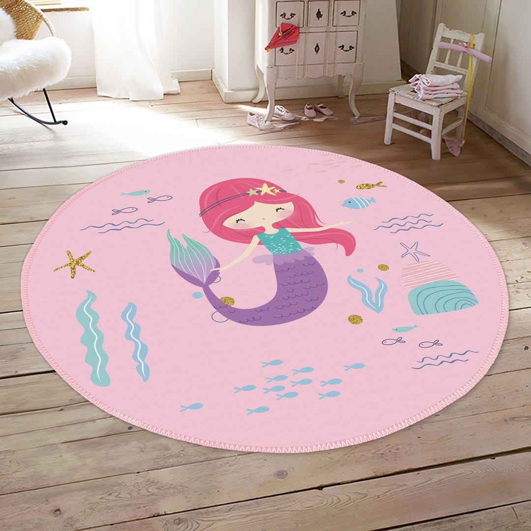 Mermaid Rug,mermaid Rug on Pink Background,round Rug, Kids Room Rug ...