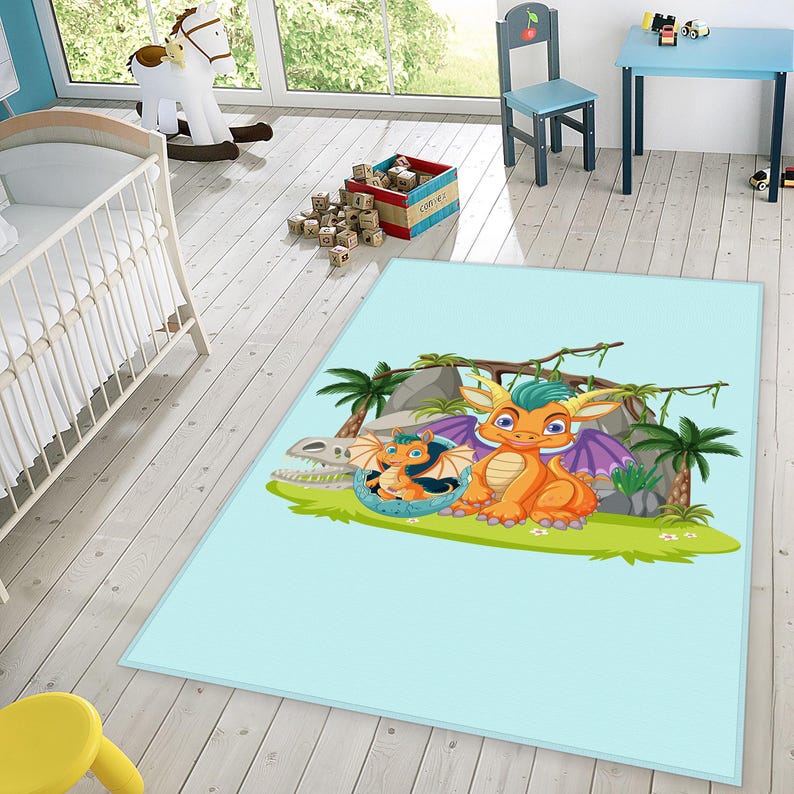 Dragon Kids Rug, Colorful Dragon Pattern Rug, Baby Dragon Rug, Dragons ...