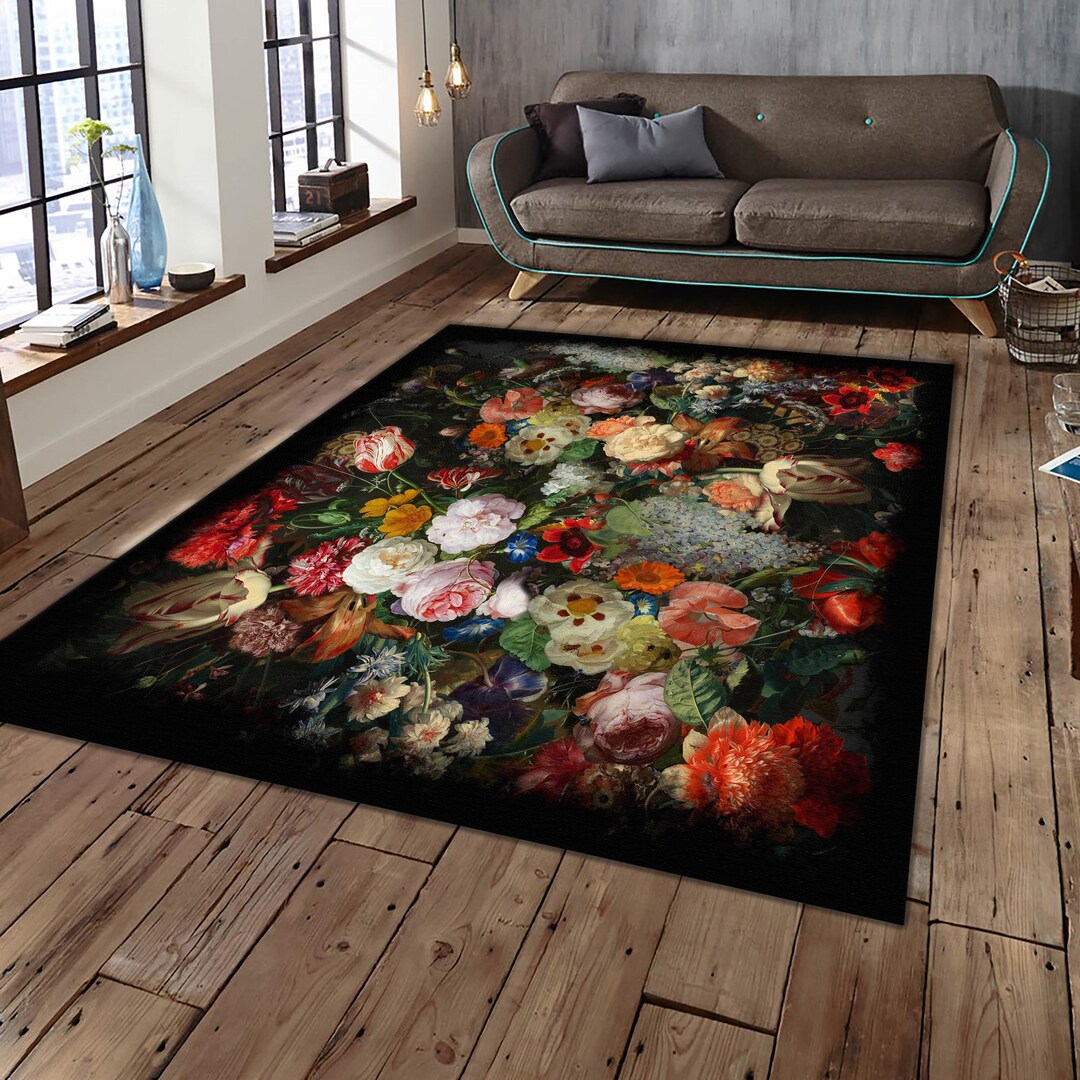 Colorful Flower Carpet on Black Ground, Flower Patterned Carpet, Flower ...