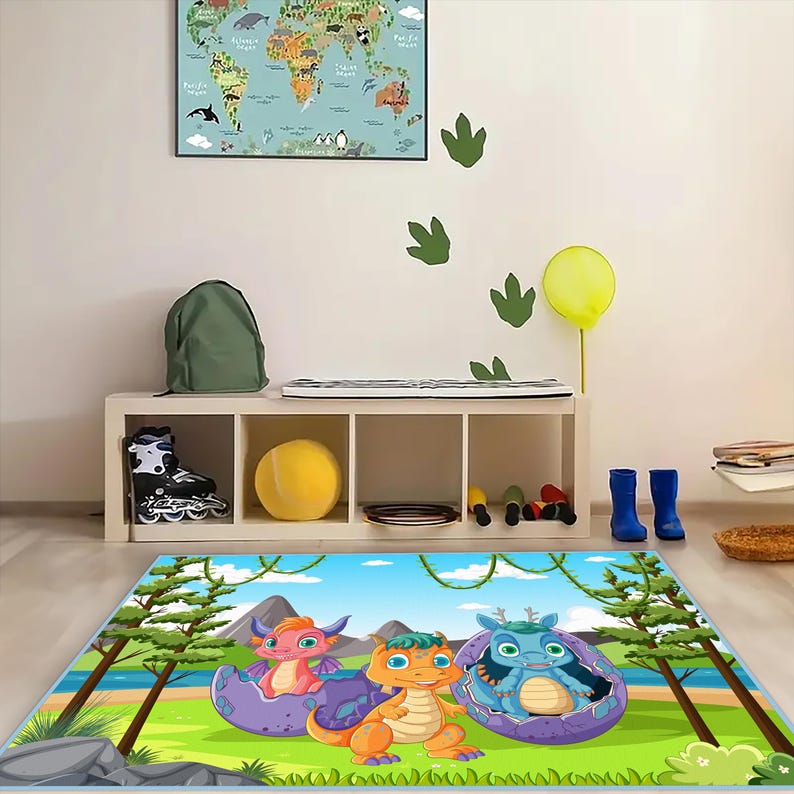 Dragon Kids Rug, Colorful Dragon Pattern Rug, Green Dragon Rug, Dragons ...