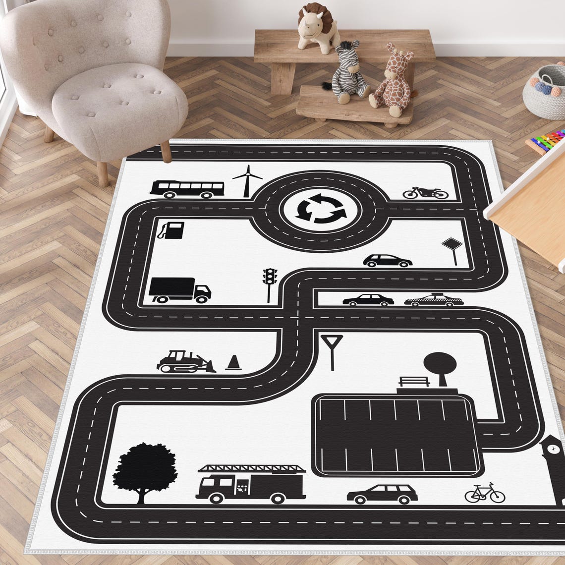 Black and White Road Carpet, Road Play Carpet, Road Play Mat, Car Play ...