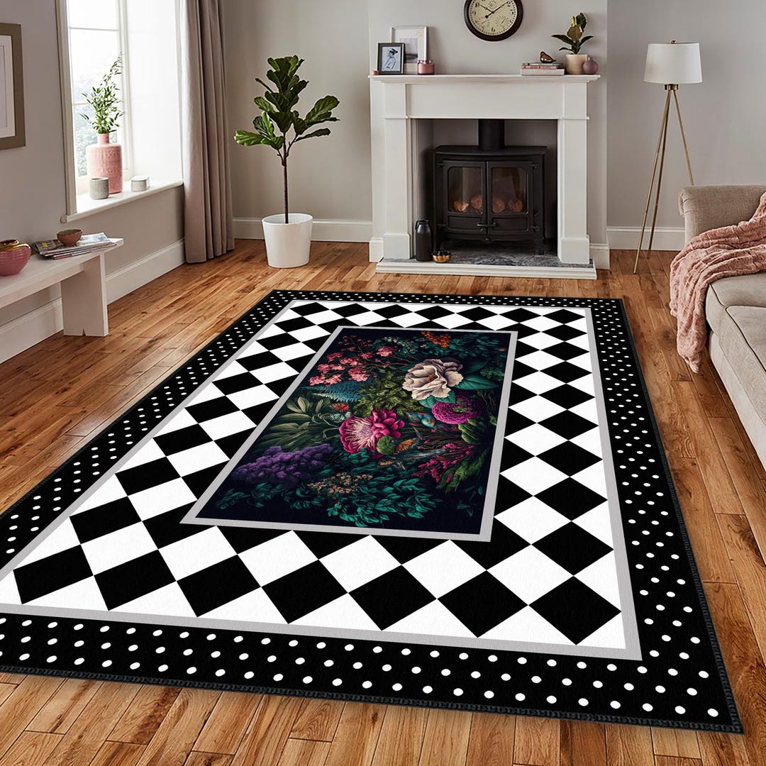 Black Background Checkerboard Patterned Floral Geometric Carpet,floral ...