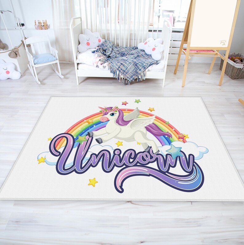 Rainbow Activity Rug,unicorn Rectangular Toddler Rug,cloud Nursery Rug ...