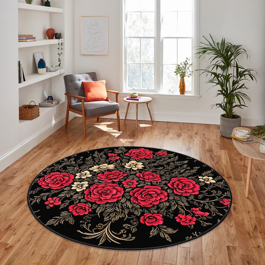 Black Rug, Red Floral Carpet, Rose Pattern Rug,leafy Carpet, Living ...