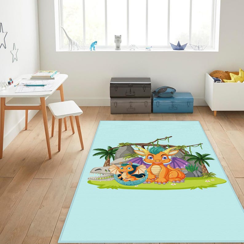 Dragon Kids Rug, Colorful Dragon Pattern Rug, Baby Dragon Rug, Dragons ...