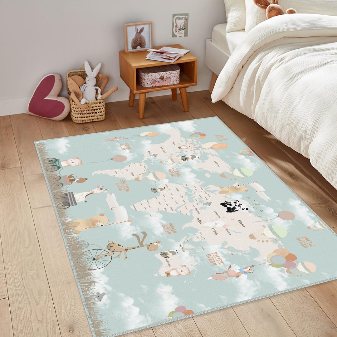 World Map Themed Kids Room Area Rug, Animals World Patterned Kids Room ...