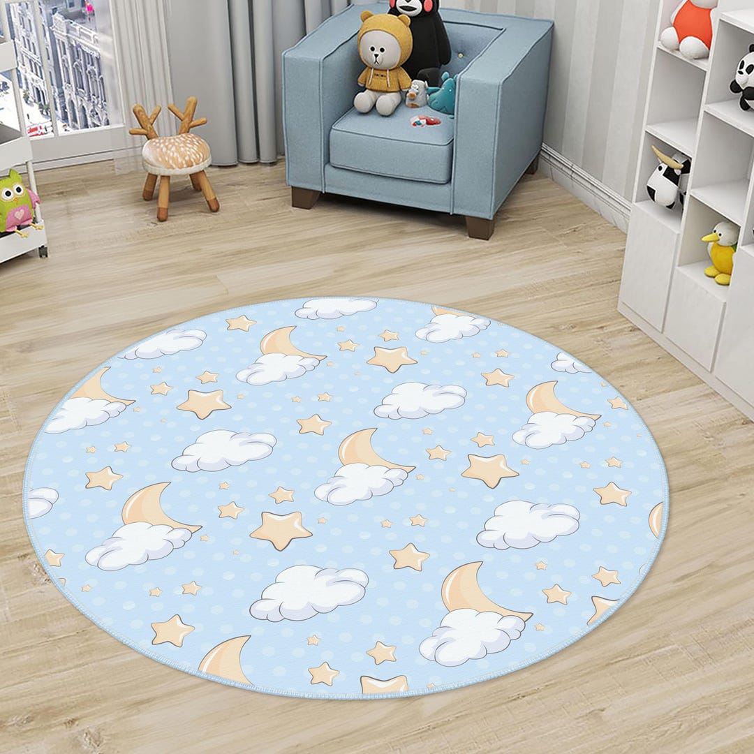 Star Pattern Kids Rug,blue Kids Rug Nursery Rug,sleeping Moon Rug ...