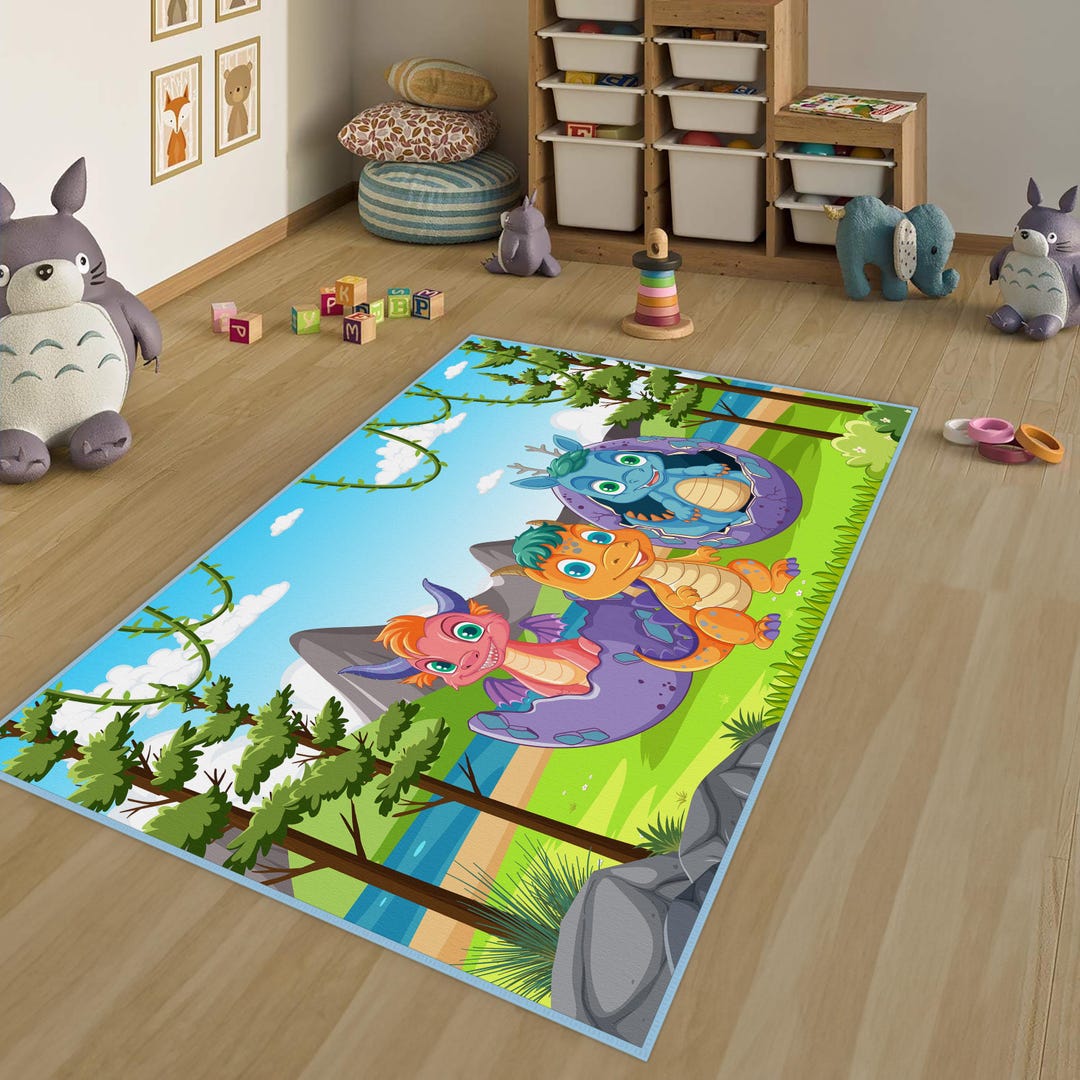 Dragon Kids Rug, Colorful Dragon Pattern Rug, Green Dragon Rug, Dragons ...