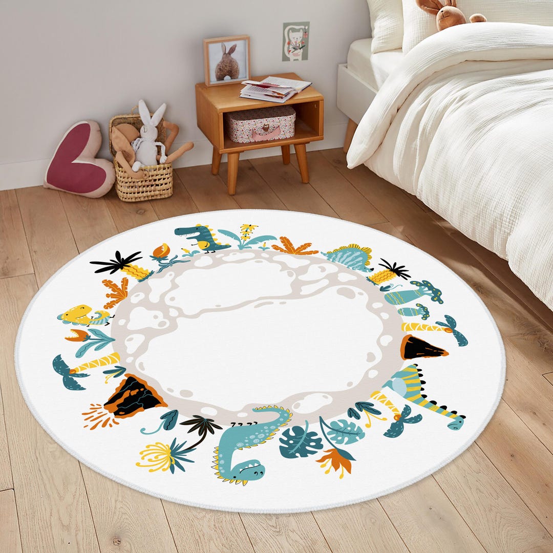 Dinosaur Themed Round Rug, Dinosaur Floor Mat, Nursery Rug, Cute Dino ...