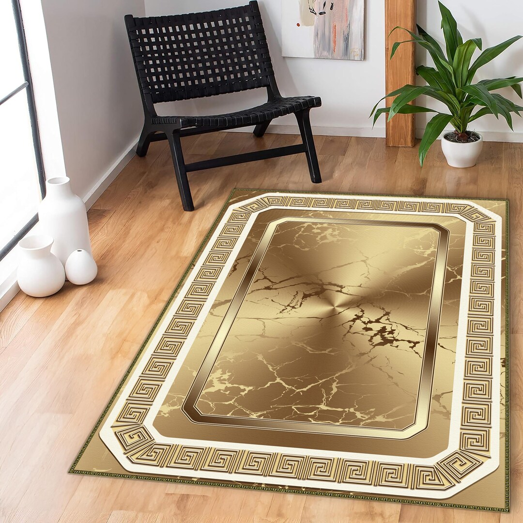 Bordered Rug, Gold Marble on Motif Pattern Nonslip Area Rug, Gold ...