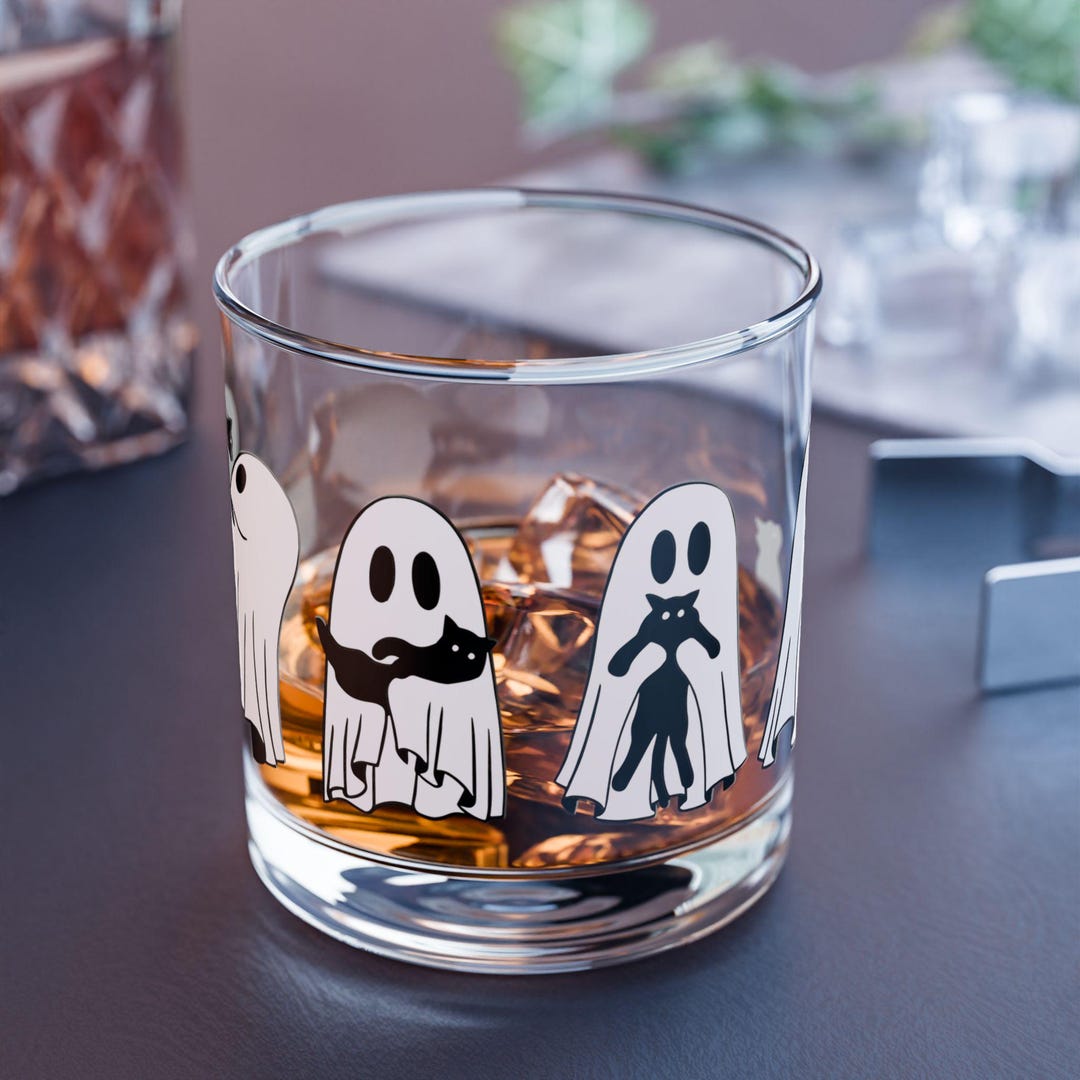 Ghostly Cat Rocks Glass, Spooky Halloween Barware, 10oz - Etsy