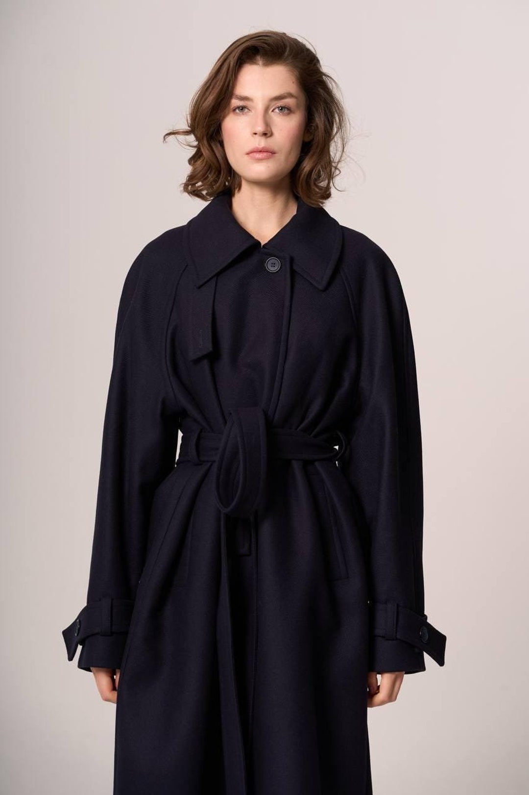 Women's Navy Blue Wool Trench Coat Long Belted Coat With Classic Collar ...
