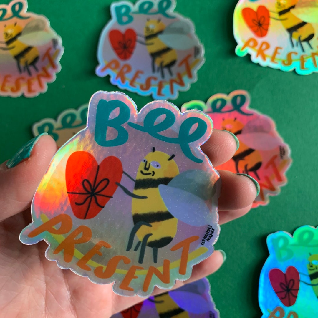 Holographic Shiny BEE PRESENT Vinyl Sticker - Laptop Decal, Lunchbox ...