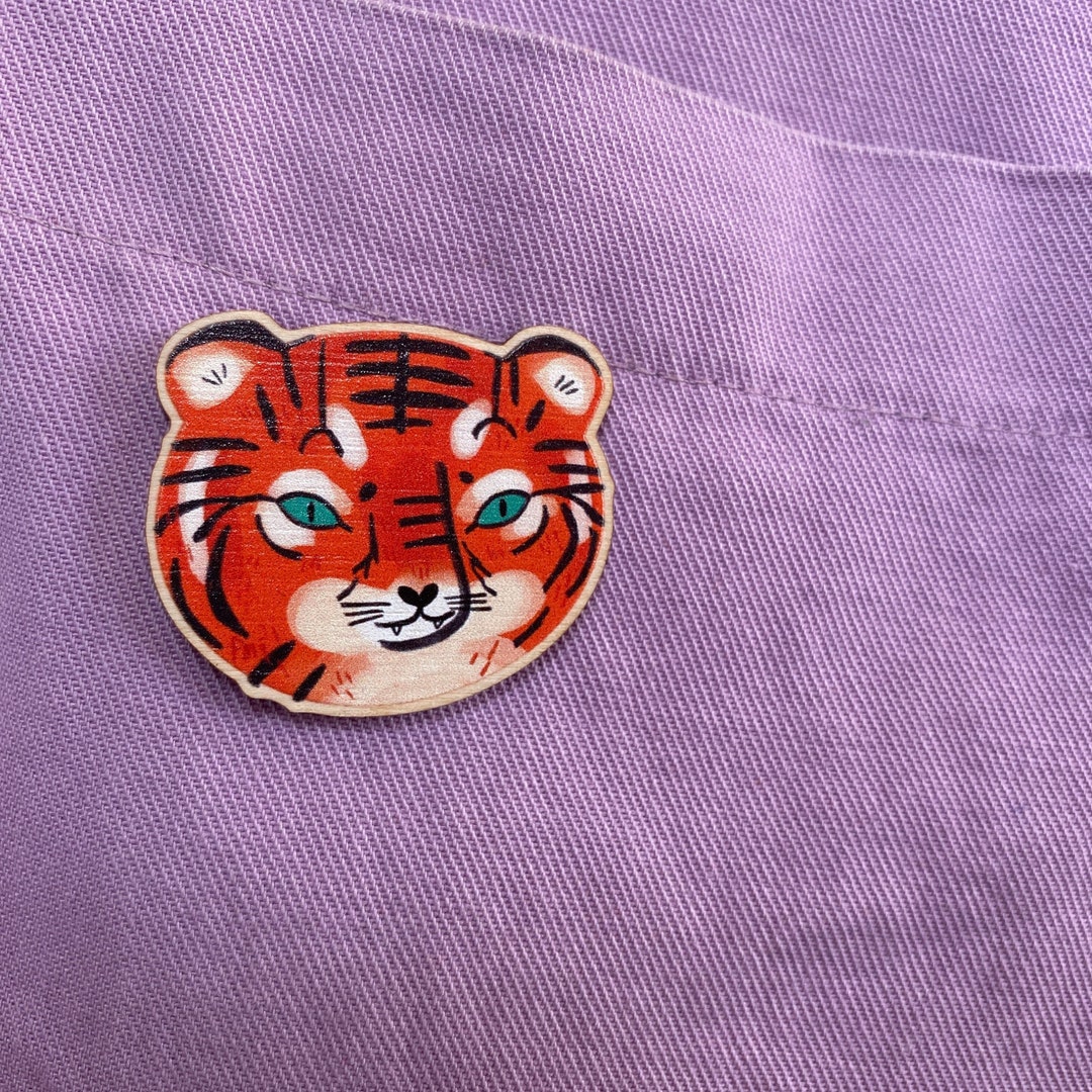 Tiger Wooden Pin - Cute Animal Brooch, Sustainably Made Wooden Pin ...
