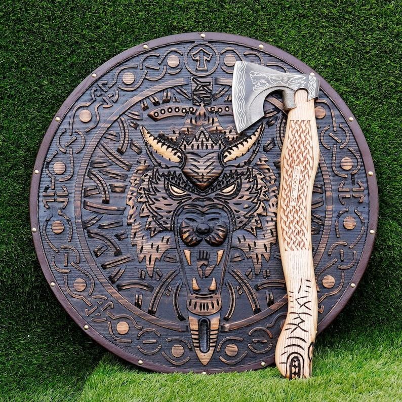 Custom Viking Raven Shield & Axe Set Medieval Round Shield Viking ...