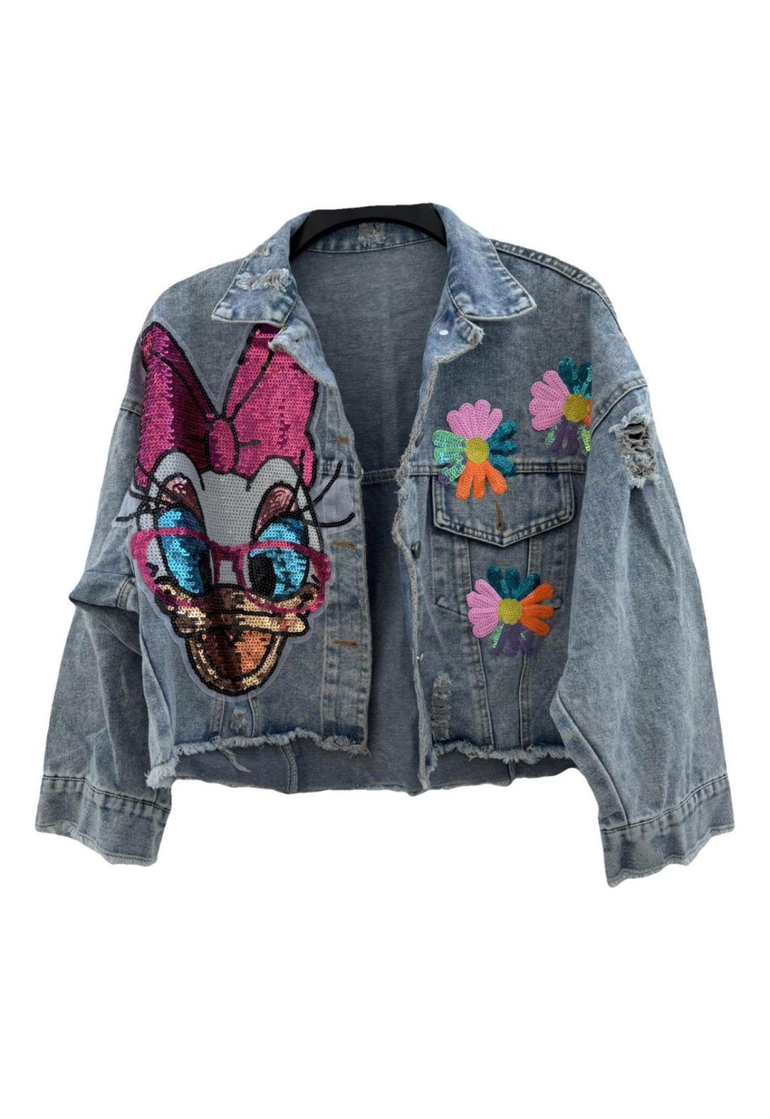 Boho Oversized Sequin Cartoon Denim Jacket With Sleeves - Etsy