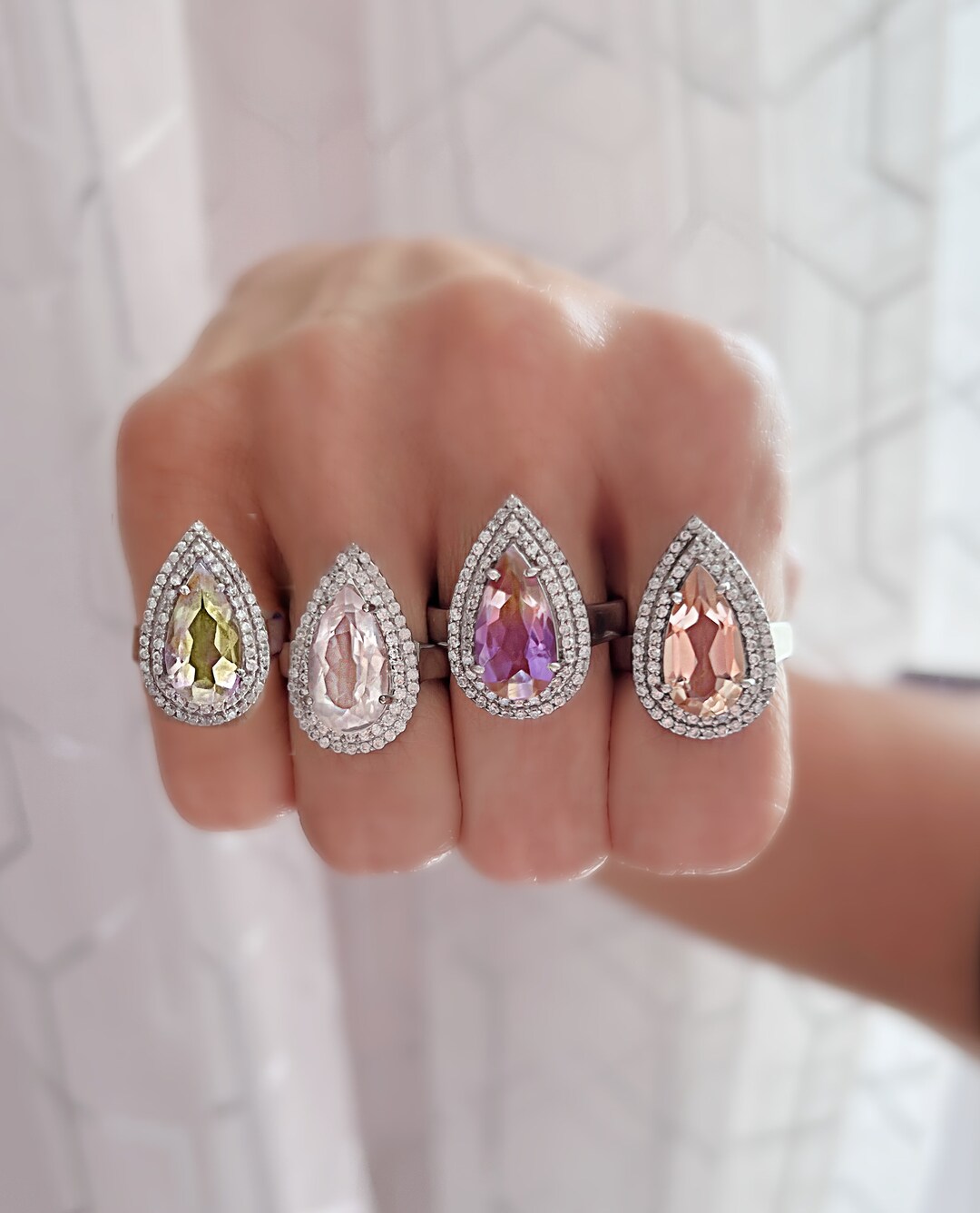 Double Halo Pear Ring, Cancer Awareness, Breast Cancer Gift, Cancer ...