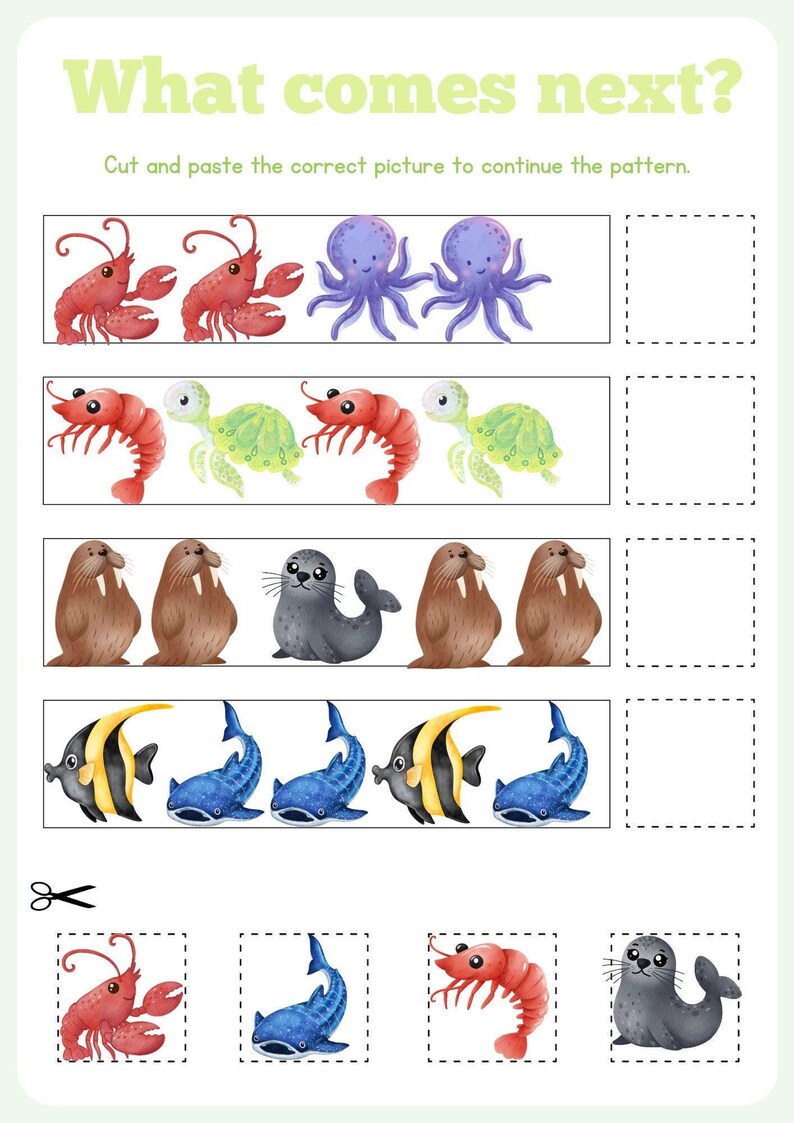Aquatic Sea Life Math Patterns Worksheet - Etsy