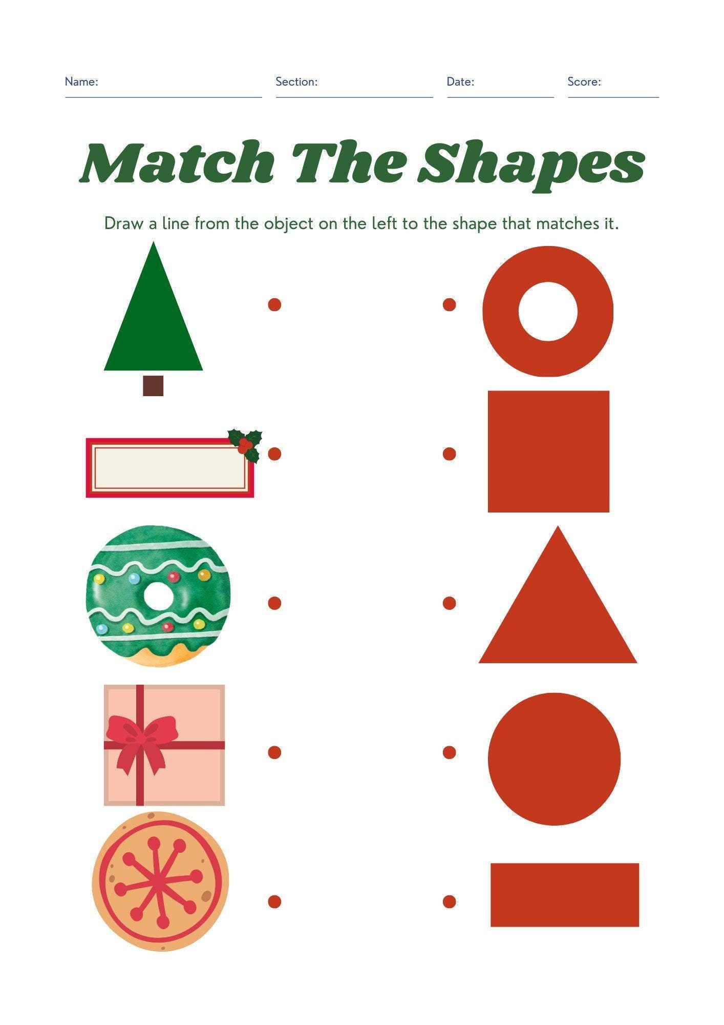 Christmas Matching Basic Shapes Foundational Math Worksheet - Etsy